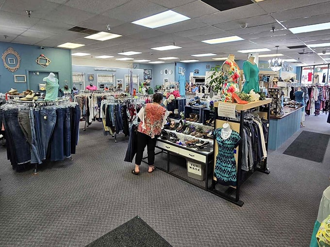 Step into fashion paradise where blue walls and neatly organized racks invite you to hunt for treasures without the designer price tags.