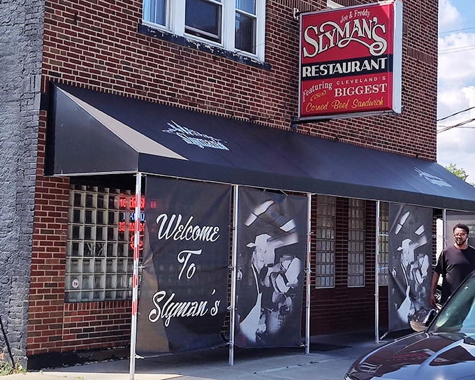 The corner brick building with its iconic black awning stands like a beacon of sandwich hope, even in Cleveland's winter snow.