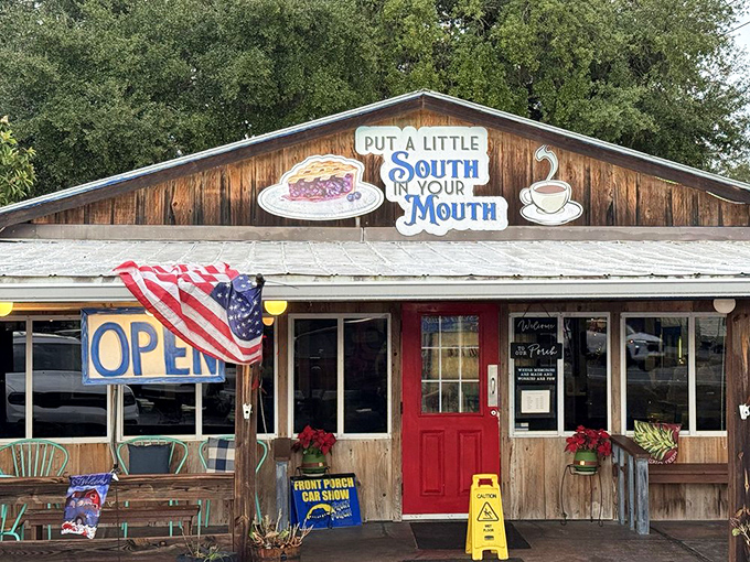 The weathered wood and bright red door say "authentic Southern cooking lives here." That sign promising "a little South in your mouth" isn't kidding!
