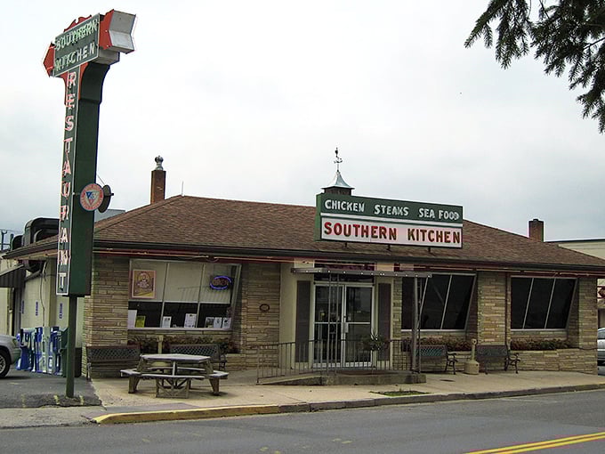 The iconic sign of Southern Kitchen beckons hungry travelers like a lighthouse for comfort food enthusiasts navigating the Shenandoah Valley. 