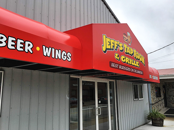 The bold red awning of Jeff's Taproom & Grille promises "BEER • WINGS" but delivers so much more. Small-town Delaware dining at its unpretentious best.