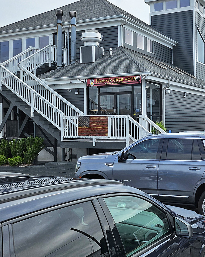 The stairway to seafood heaven! Harris Crab House stands proudly on Kent Narrows, its weathered exterior promising authentic Chesapeake treasures within.