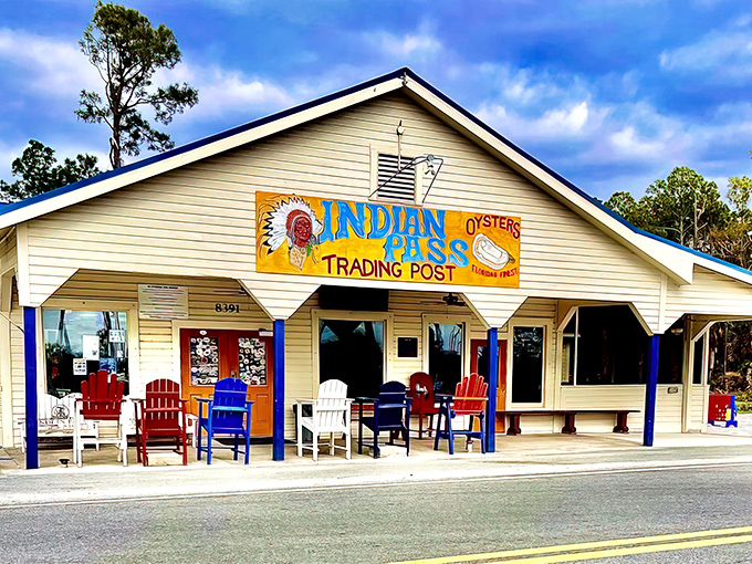 The unassuming exterior of Indian Pass Raw Bar proves the old adage: the less fancy the building, the better the seafood inside.