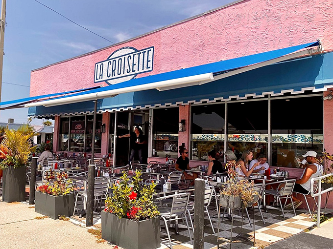 The pink-and-blue facade of La Croisette isn't trying to win architectural awards&mdash;it's too busy welcoming hungry beachgoers to breakfast paradise.