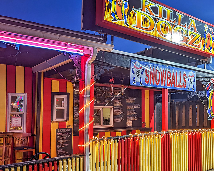 The vibrant red and yellow exterior of Killa Dogz isn't subtle&mdash;it's a flavor forecast, boldly announcing that ordinary hot dogs have left the building.