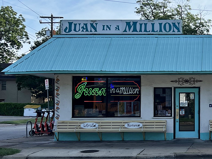 The turquoise exterior of Juan in a Million stands as an Austin landmark, promising breakfast taco nirvana behind its unassuming fa&ccedil;ade.