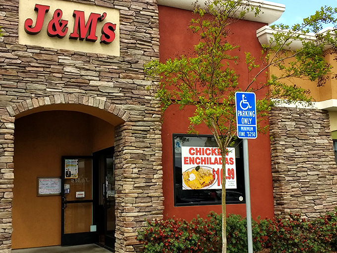 Stone and stucco charm meets small-town hospitality – J & M's exterior promises comfort food treasures within.