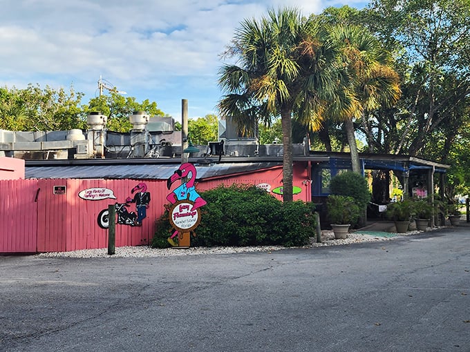 The pink paradise you've been searching for! Lazy Flamingo's vibrant exterior promises Florida fun with a side of serious seafood satisfaction.