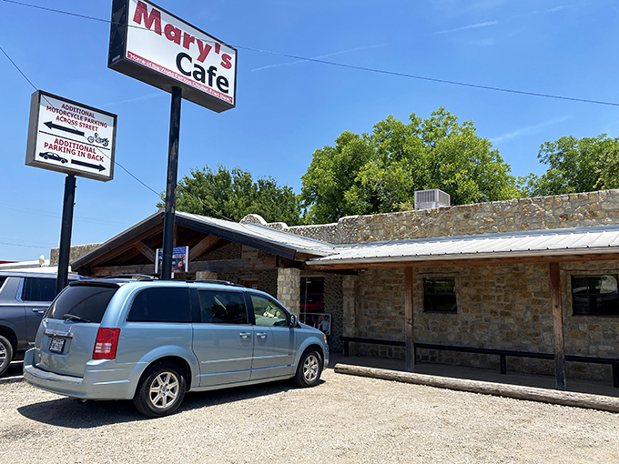 The unassuming stone exterior of Mary's Cafe stands like a temple to Texas comfort food, beckoning hungry pilgrims from miles around.