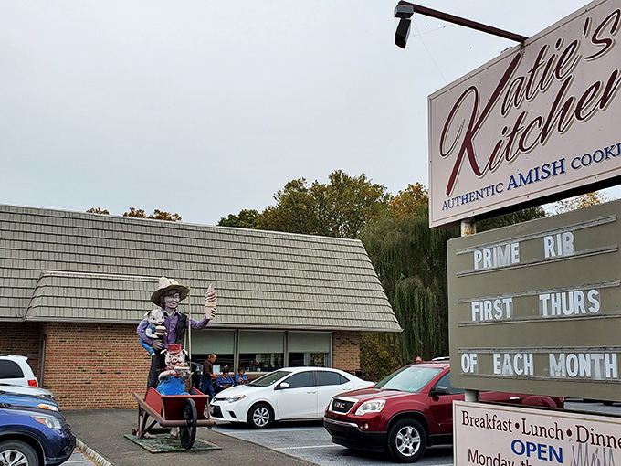 The humble brick exterior of Katie's Kitchen hides culinary treasures inside, like finding a pearl in an unassuming oyster. That Amish figure seems to say, "You're in for something special."