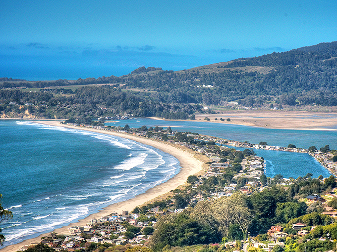 The crescent embrace of Stinson Beach, where the Pacific meets Mount Tamalpais. Nature's perfect sandwich of mountains, beach, and sea.