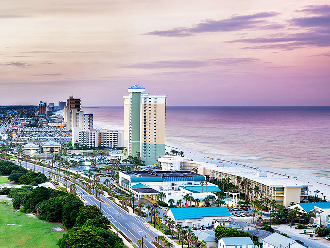 Panama City Beach's skyline stretches along emerald waters, where retirement dreams come with ocean views and reasonable property taxes.