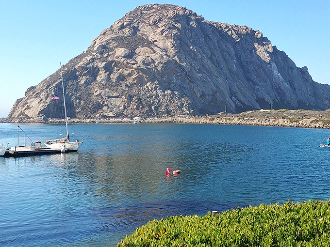 Morro Rock stands like nature's own monument, commanding attention across the tranquil bay waters. Sailboats drift peacefully, completing this quintessential Central Coast postcard.