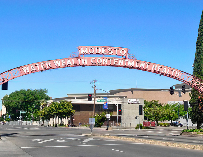 Downtown Modesto's historic buildings stand as a testament to the city's architectural heritage, with distinctive green awnings adding a touch of small-town charm.