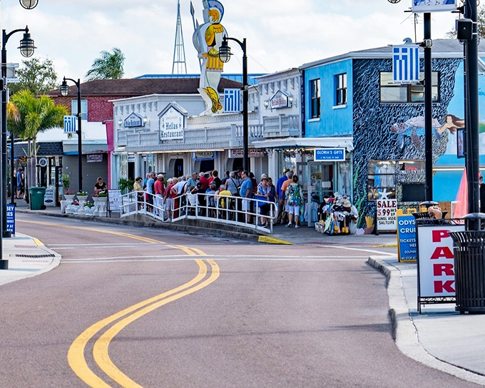 Charming storefronts line Tarpon Springs' downtown, where shade trees and brick-paved sidewalks invite leisurely exploration. Small-town Florida at its most inviting.