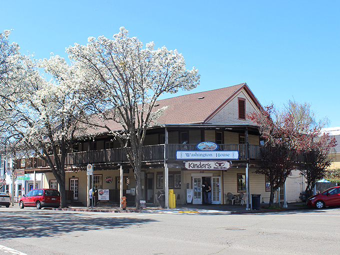 The historic Washington House stands proudly on First Street, its blooming trees a perfect frame for this Victorian treasure that's witnessed generations of Benicia life.