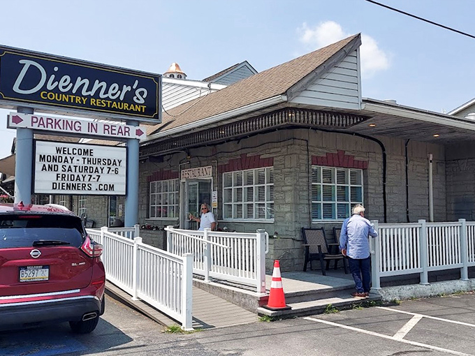 The unassuming stone exterior of Dienner's Country Restaurant hides culinary treasures within. No neon, no gimmicks&mdash;just a white railing leading to authentic Pennsylvania Dutch goodness.