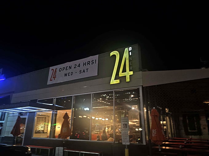That iconic orange "24" sign isn't just a number&mdash;it's a beacon of hope for hungry souls at all hours. Austin's modern diner stands ready to serve.