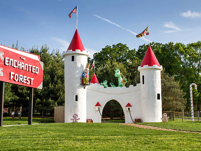The castle entrance to the Enchanted Forest beckons with its whimsical turrets and American flag &ndash; fairytales with a patriotic twist!