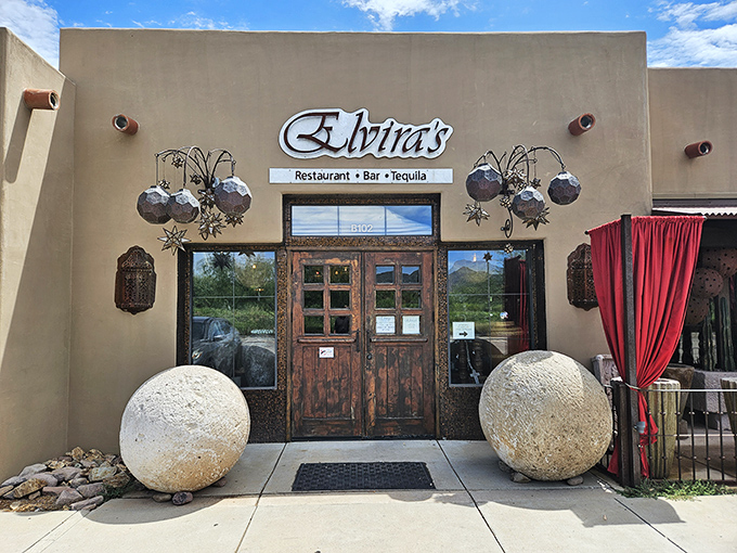 The adobe-style entrance to Elvira's welcomes you with rustic wooden doors and dramatic metal ornaments&mdash;like stepping into a secret Mexican courtyard.