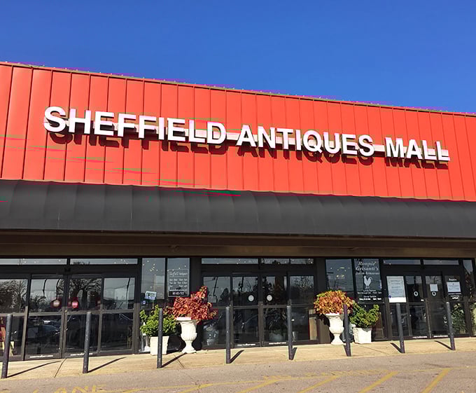 The unmistakable red facade of Sheffield Antiques Mall stands out like a beacon to treasure hunters, promising adventures in time travel through objects.