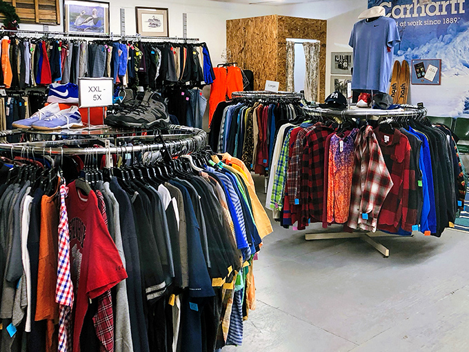 Rack after colorful rack stretches into the distance, like a textile ocean waiting to be explored. Treasure hunting begins here!