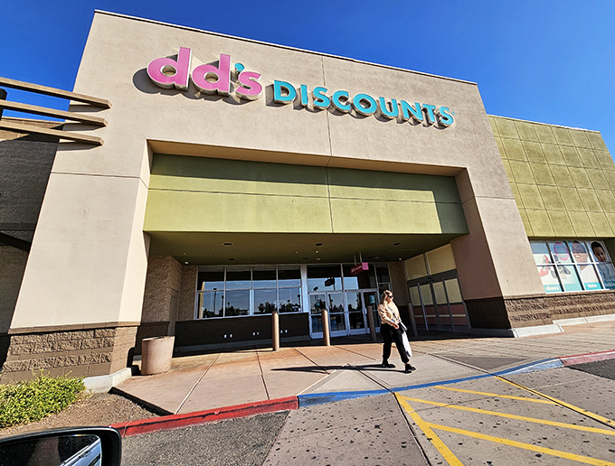 The iconic pink and teal dd's DISCOUNTS sign promises retail therapy that won't require financial therapy afterward&mdash;a beacon of budget-friendly bliss in Glendale.