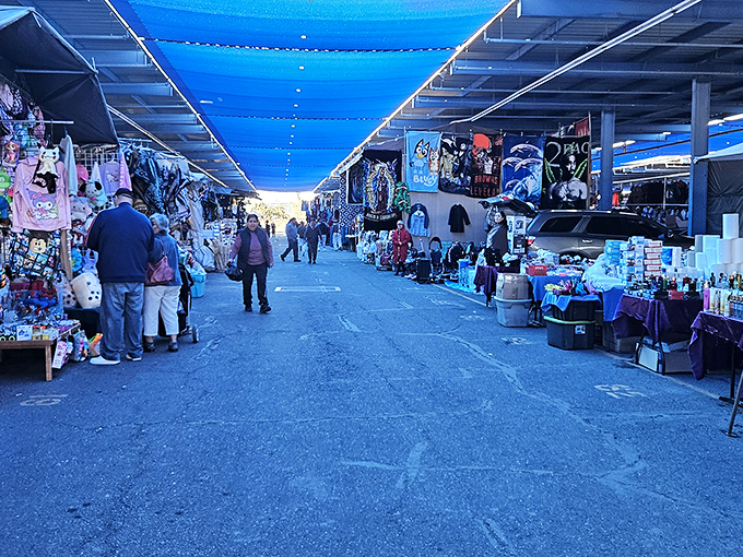 Blue tarps create a desert bazaar oasis where treasures await under Arizona skies. The thrill of discovery pulls you deeper with each step.