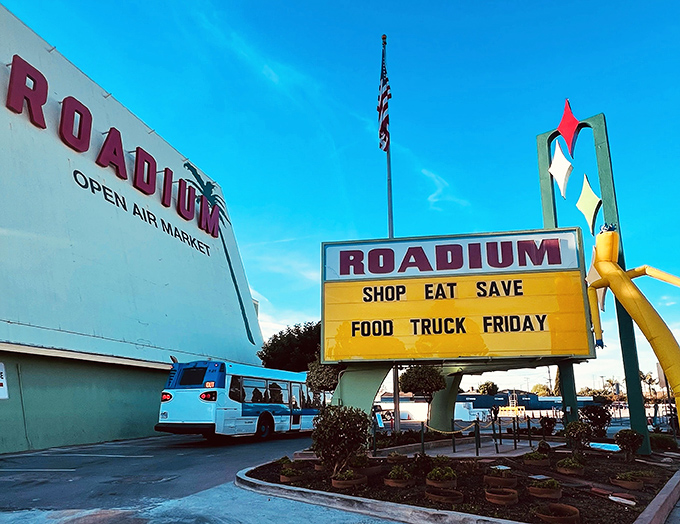Treasure hunters navigate endless rows of vendors under California's perfect blue sky at the Roadium. 