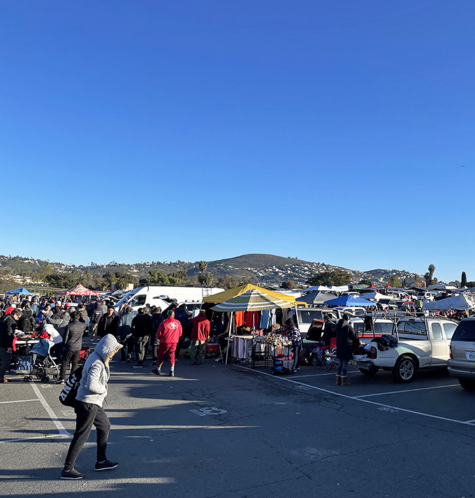 Palm trees stand sentinel over a bustling marketplace where treasure hunters navigate rows of canopies, each aisle promising undiscovered gems and unexpected bargains.