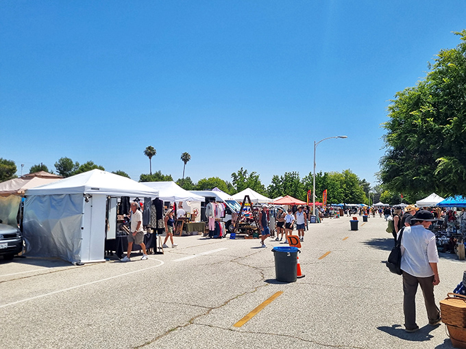 A treasure hunter's paradise stretches before you under the California sun, white tents beckoning with promises of vintage finds and unexpected discoveries.