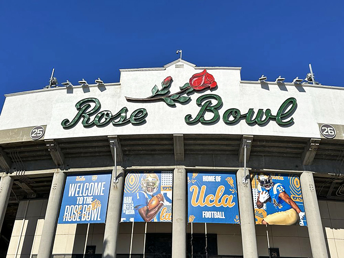 The iconic Rose Bowl Stadium transforms into treasure-hunter heaven once a month, palm trees standing guard over California's most legendary flea market.