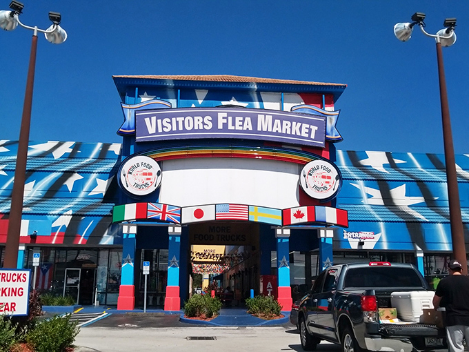 The iconic sign lights up the Florida sky, promising treasures and treats within. Like a carnival for bargain hunters, the food trucks beckon with delicious aromas.