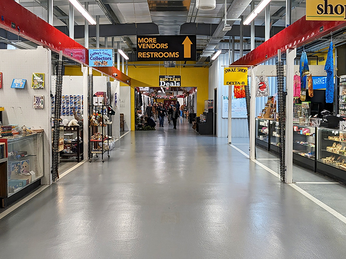 Wide, spotless corridors lead to adventure at Caesar Creek Flea Market, where yellow directional signs promise "MORE VENDORS" &ndash; the two most beautiful words in the English language.