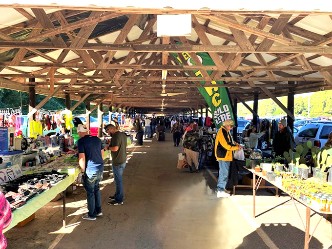 The treasure hunt begins! Bargain Exchange's covered pavilion stretches into the distance like an endless corridor of possibilities and forgotten treasures.