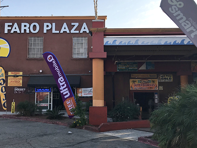 The unassuming exterior of El Faro Plaza might fool you, but those colorful feather flags are practically waving "treasure inside!" like retail semaphore.