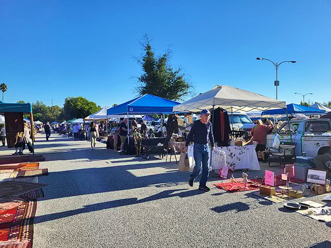 Treasure hunters navigate the sun-drenched aisles of Topanga Vintage Market, where each white tent houses potential discoveries waiting to be unearthed.