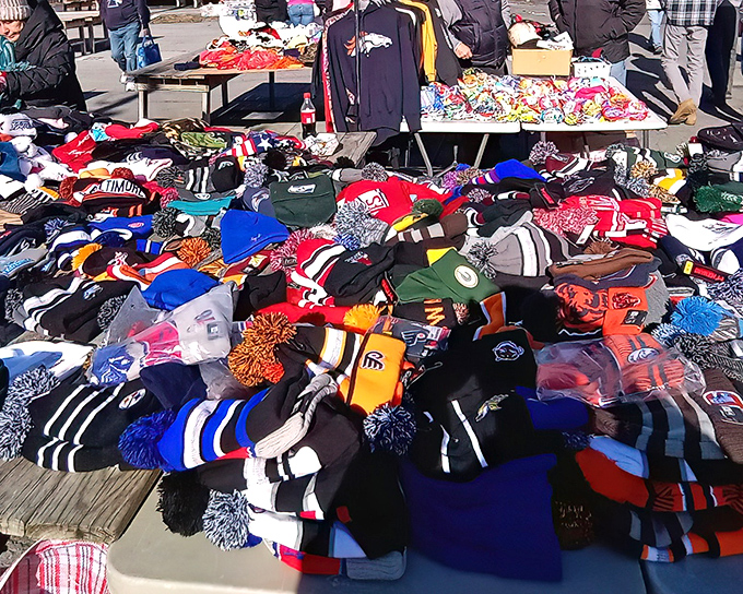 Sports fans rejoice! This sea of team hats and memorabilia is where allegiances are displayed and rivalries are temporarily set aside in the shared joy of finding that perfect team gear.