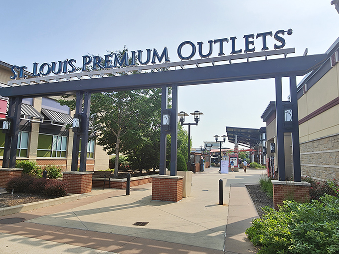 The gateway to bargain paradise! St. Louis Premium Outlets welcomes shoppers with its distinctive entrance arch, promising retail adventures beyond.