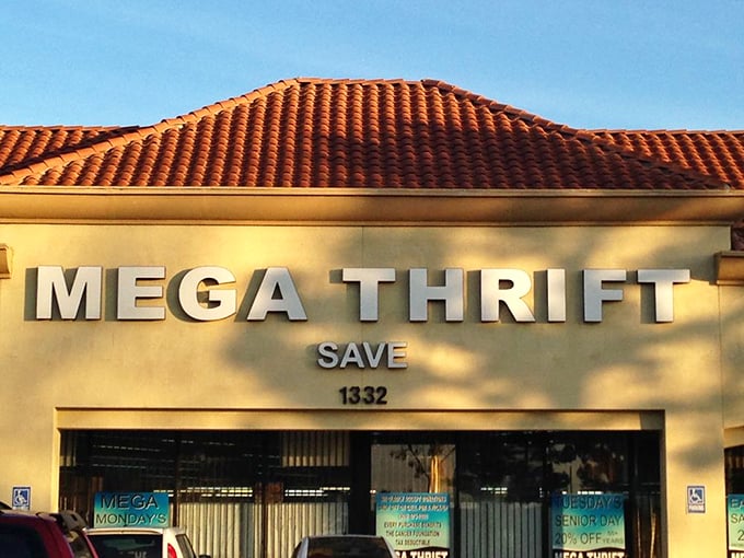 The unassuming exterior of Mega Thrift beckons with its simple promise: Shop, Save, Donate. Behind those doors, treasure awaits.