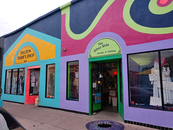 The turquoise facade of Tucson Thrift Shop pops against the desert sky like a Wes Anderson set come to life.