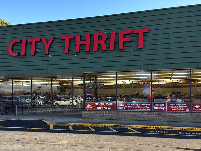The bold red letters of City Thrift beckon like a siren song to bargain hunters. This unassuming exterior houses a universe of secondhand treasures waiting to be discovered.