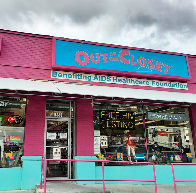 The unmistakable hot pink facade of Out of the Closet in Ansley makes it impossible to miss – like a flamingo in a penguin convention.