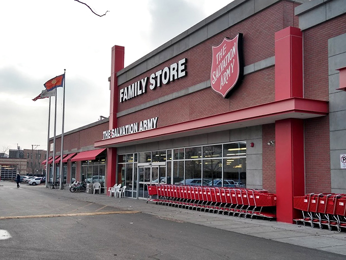 The iconic red awning of Salvation Army on Clybourn Avenue beckons like a lighthouse for bargain hunters navigating the sea of retail options.