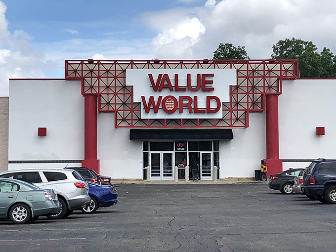 The iconic red and white facade of Value World stands like a beacon of bargain possibilities in Westland's retail landscape.