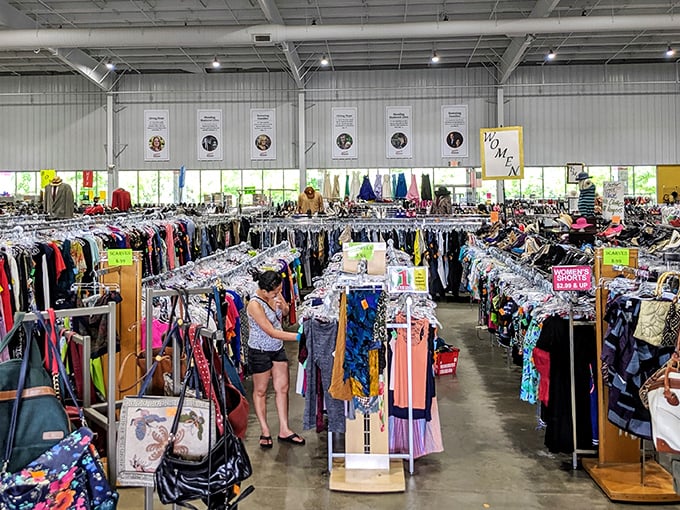 Treasure hunters navigate a sea of clothing racks under soaring ceilings. This isn't just shopping&mdash;it's an expedition with purpose.