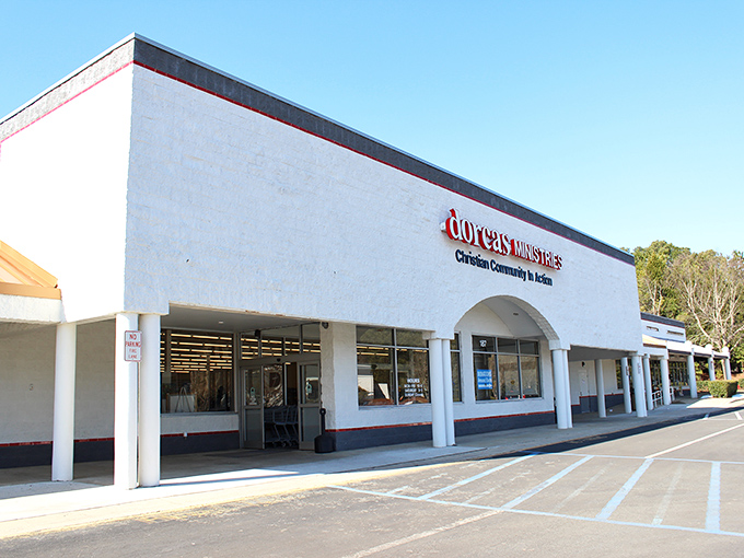 The unassuming exterior of Dorcas Thrift Shop in Cary hides a treasure trove within, like finding a Michelin-starred restaurant in a strip mall.
