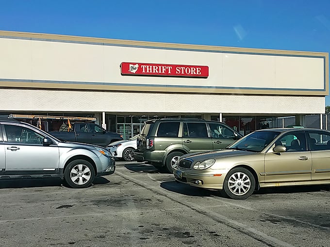 The iconic red and white Ohio Thrift Store sign promises treasure hunting adventures that won't break the bank—retail therapy with prices from a gentler era.