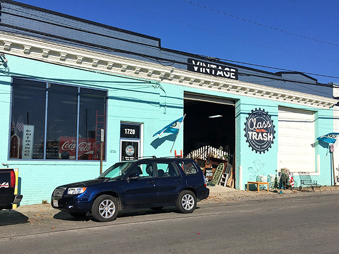 The turquoise beacon of bargain hunting beckons from Scott's Addition. This isn't just thrift shopping—it's treasure hunting with architectural flair.