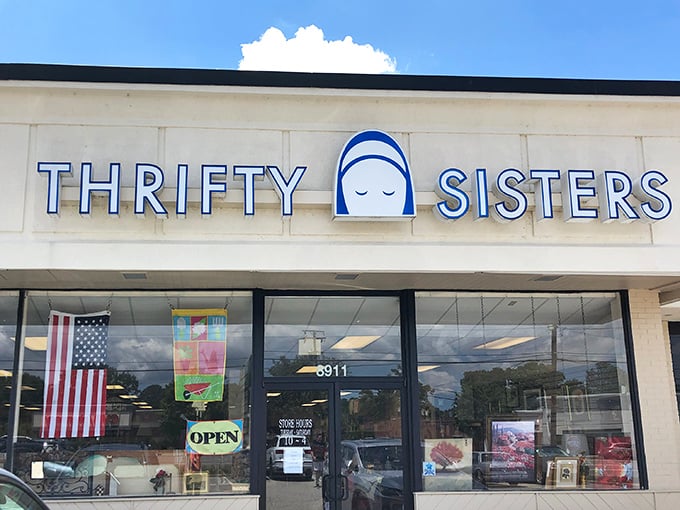 The sleepy-eyed logo of Thrifty Sisters welcomes treasure hunters to this unassuming storefront hiding a labyrinth of secondhand wonders inside.